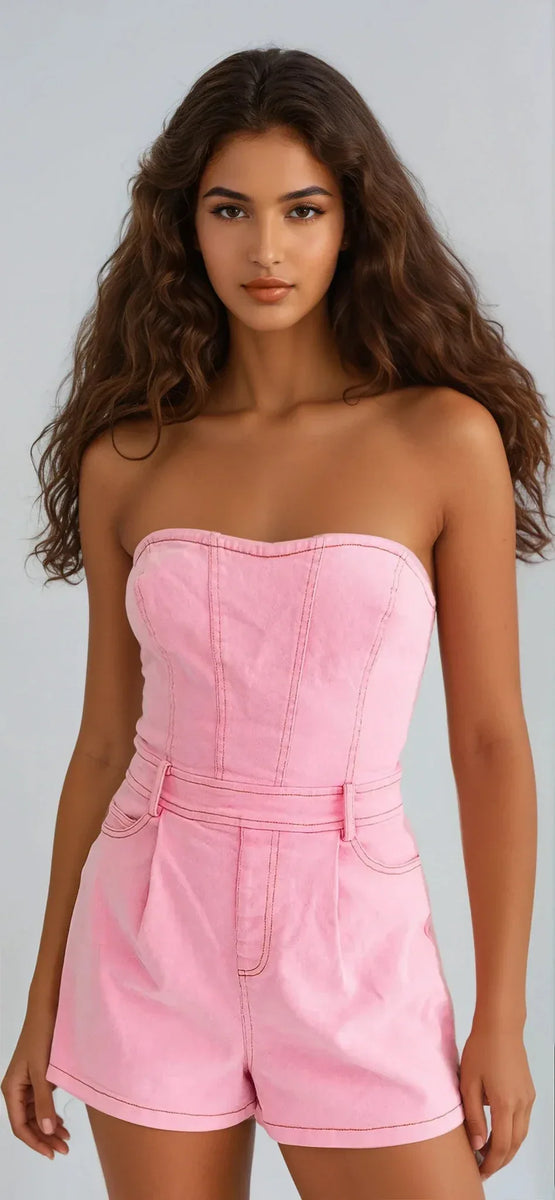 Strapless Pink Denim Romper - Non-Slip Lining with Pockets | Styled by ...